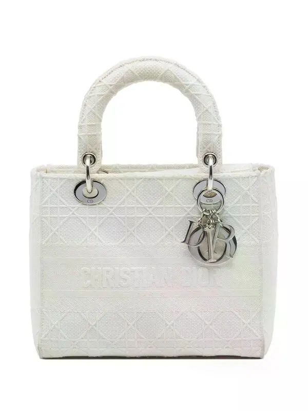 Dior Medium Embroidered Canvas Cannage Lady D Lite Satchel - White