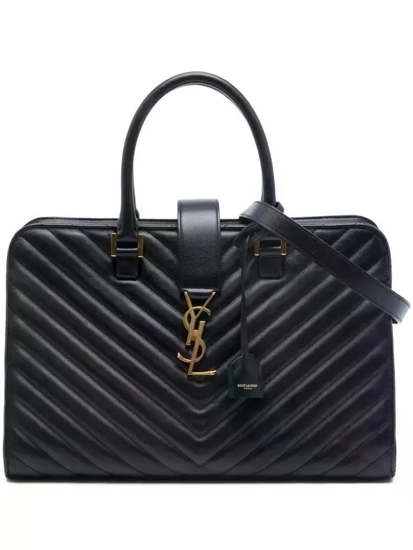 Saint Laurent 2014 Medium Chevron Calfskin Monogram Cabas Satchel - Black