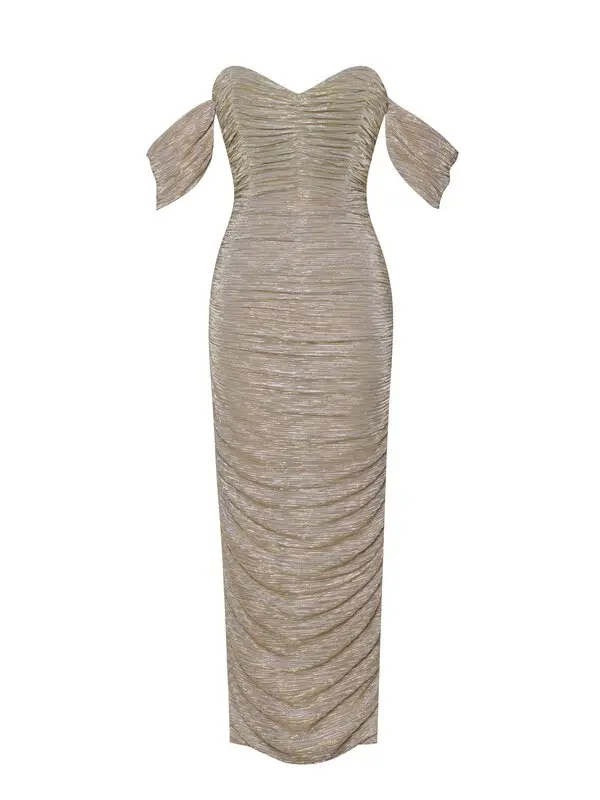 MISS CIRCLE NEW YORK Gene Ruched Off Shoulder Chiffon Maxi Dress