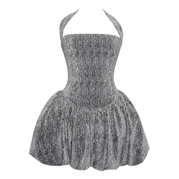 MISS CIRCLE NEW YORK Naomie Crystal Embellished Bubble Hem Halter Mini Dress - Silver