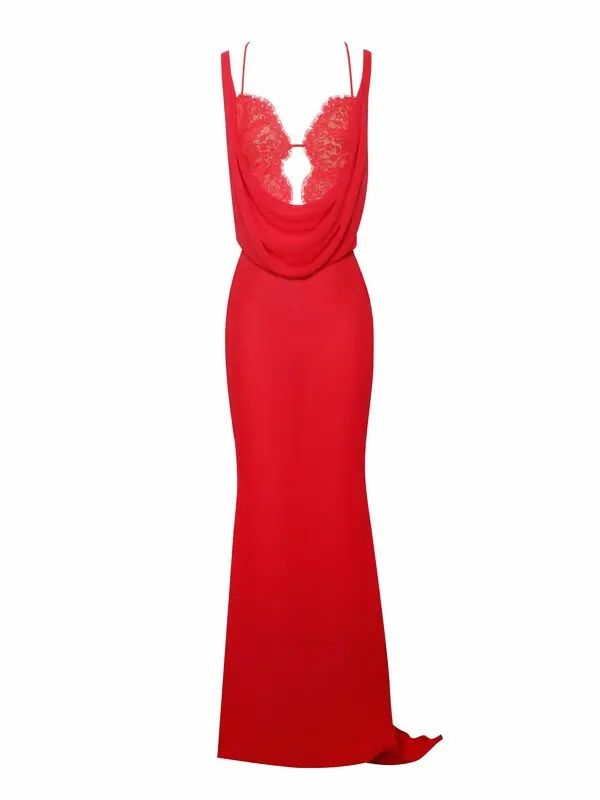 MISS CIRCLE NEW YORK Chiffon Lace Backless Maxi Dress With Train - Red