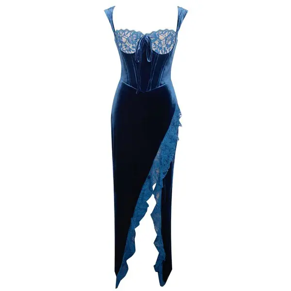 MISS CIRCLE NEW YORK Odilia Teal Lace Velvet Maxi Dress - Blue
