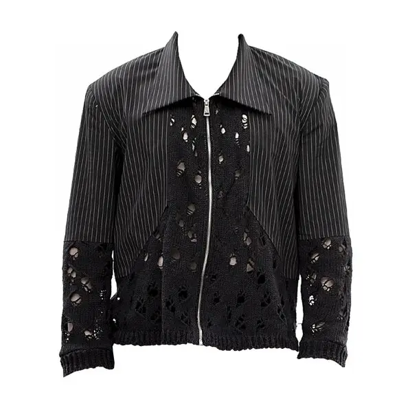 MAISON BOGOMIL Split Front Zip Jacket In Pinstripe & Distressed Knit