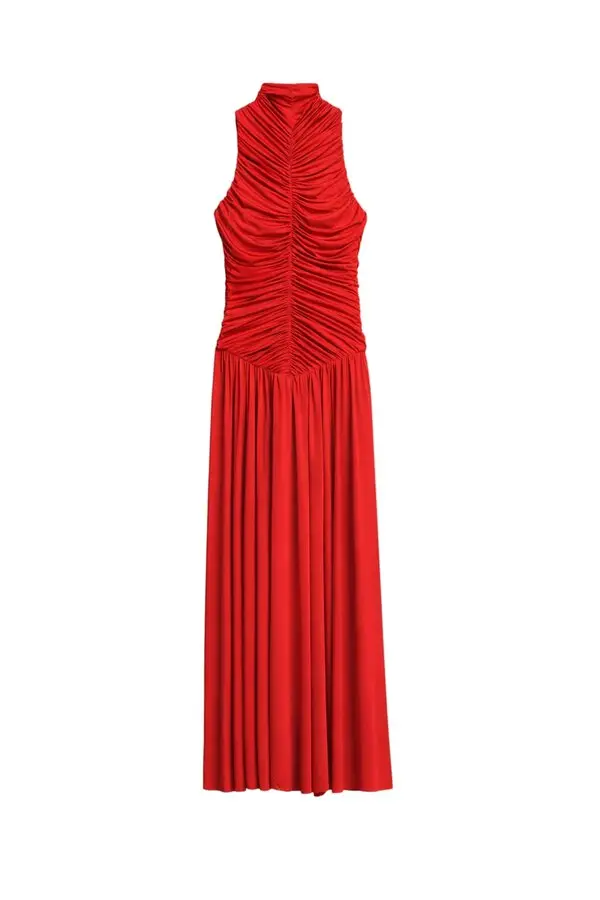 NOCTURNE Ruched High-neck Maxi Dress - Red
