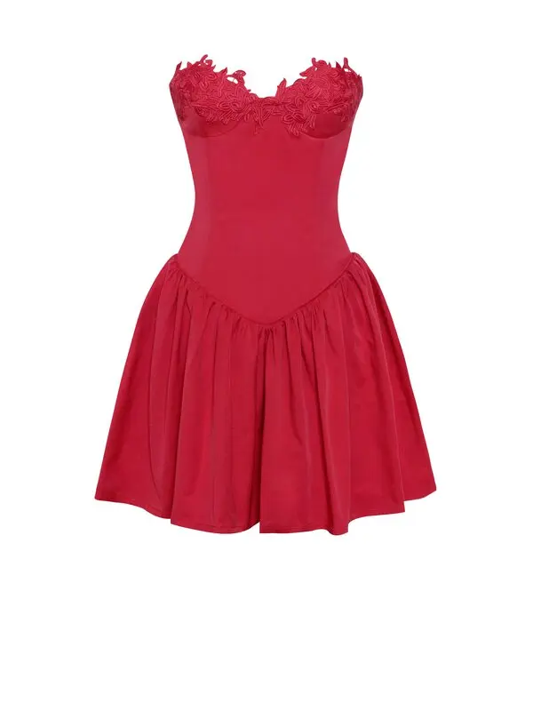 MISS CIRCLE NEW YORK Sacha Lace Drop Waist Corset Puffy Strapless Mini Dress - Red