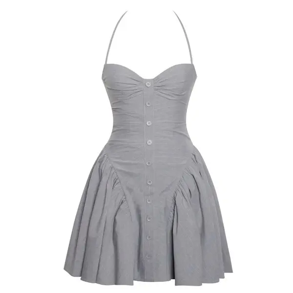MISS CIRCLE NEW YORK Melody Gray Stripe Halter Drop Waist Mini Dress - Grey