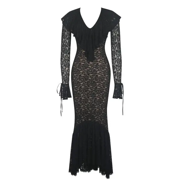 MISS CIRCLE NEW YORK Parisa Lace Ruffled Mermaid Maxi Dress - Black