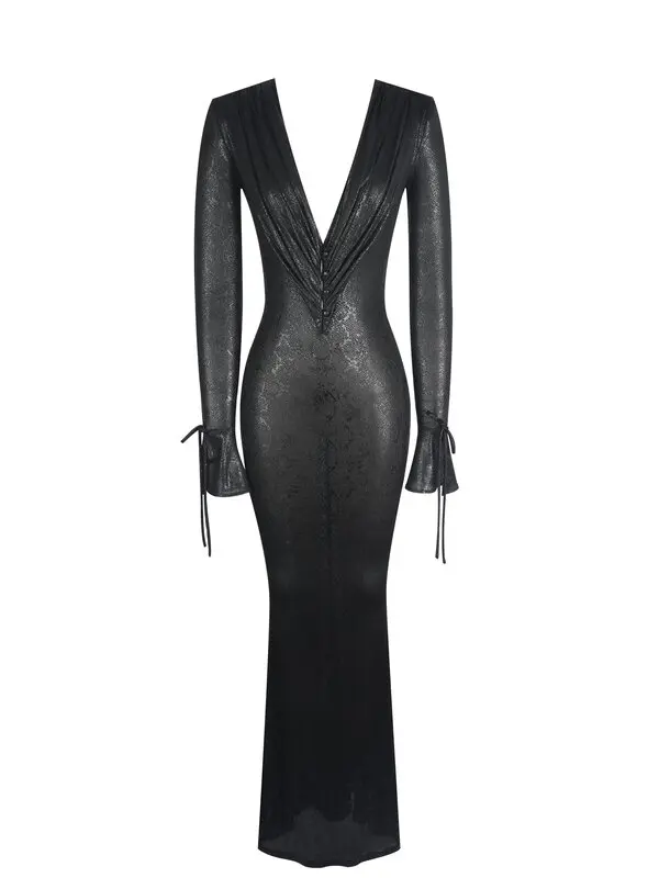 MISS CIRCLE NEW YORK Ilysia V-neck Plunge Snakeskin Mermaid Hem Maxi Dress - Black