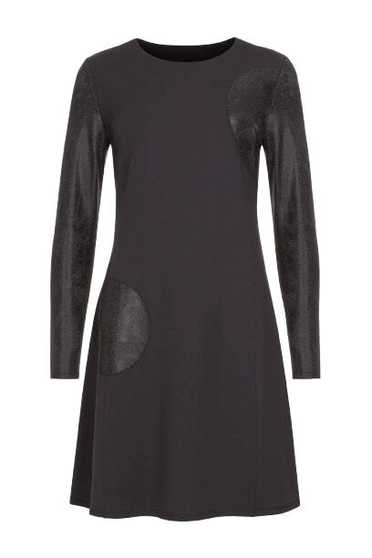 CONQUISTA Long Sleeve Punto Di Roma Dress With Printed Faux Leather Detail - Grey