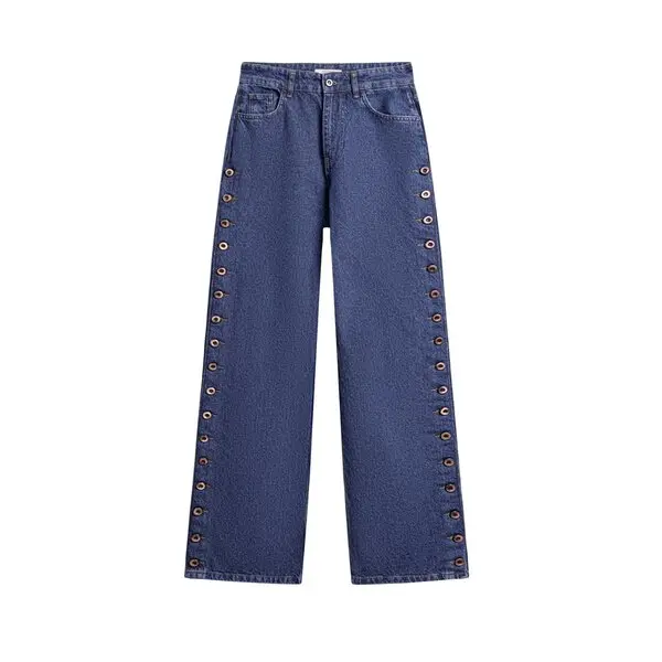 NOCTURNE Eyelet Detail Wide-leg Denim Pants - Blue