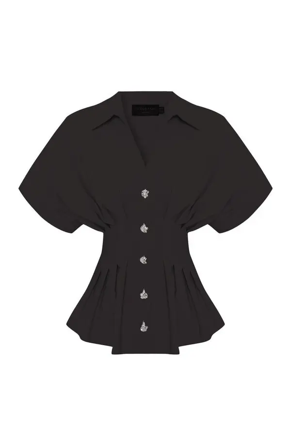 EXQUISE Pleated Waist Button-up Blouse - Black