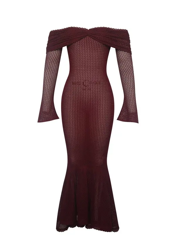 MISS CIRCLE NEW YORK Kaedyn Burgundy Off Shoulder Crochet Mermaid Maxi Dress - Red