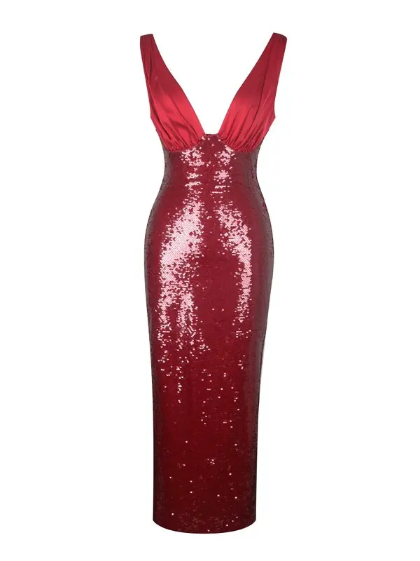 MISS CIRCLE NEW YORK Crimson Sequin Plunge Midi Dress - Red