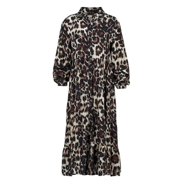 CONQUISTA Animal Print Tiered Maxi Dress With Button Detail - Brown