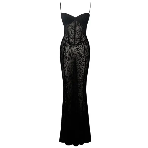 MISS CIRCLE NEW YORK Ulani Burnout Velvet Detail Mesh Maxi Dress - Black