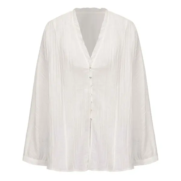 MUTE BY JL Ethereal Cotton Ramie V-neck Blouse With Raw-edge Detailing