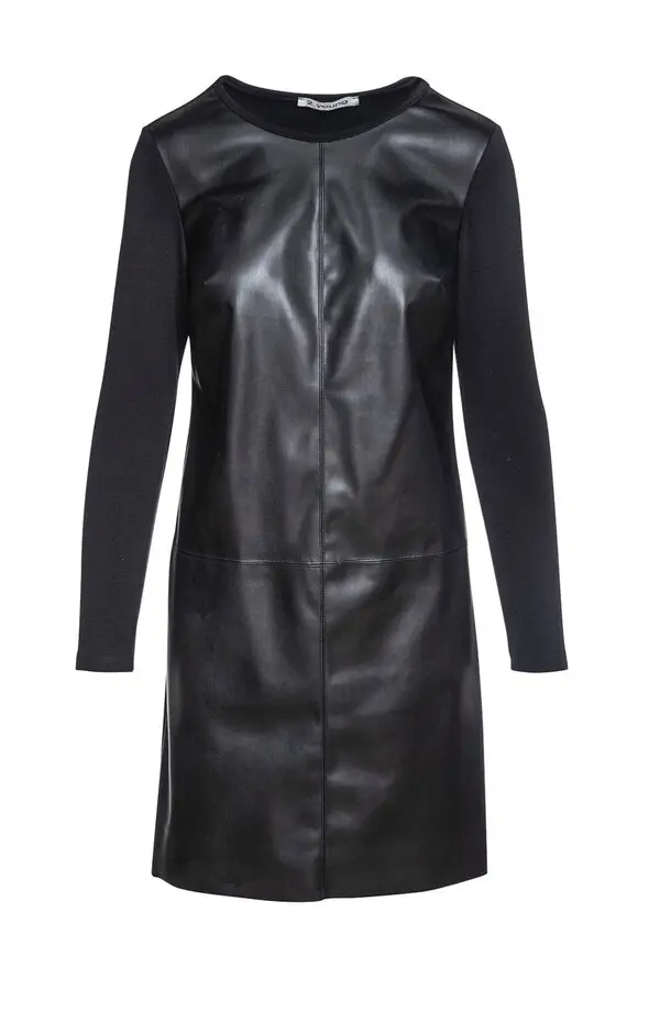 CONQUISTA Knit Dress With Faux Leather Front - Black