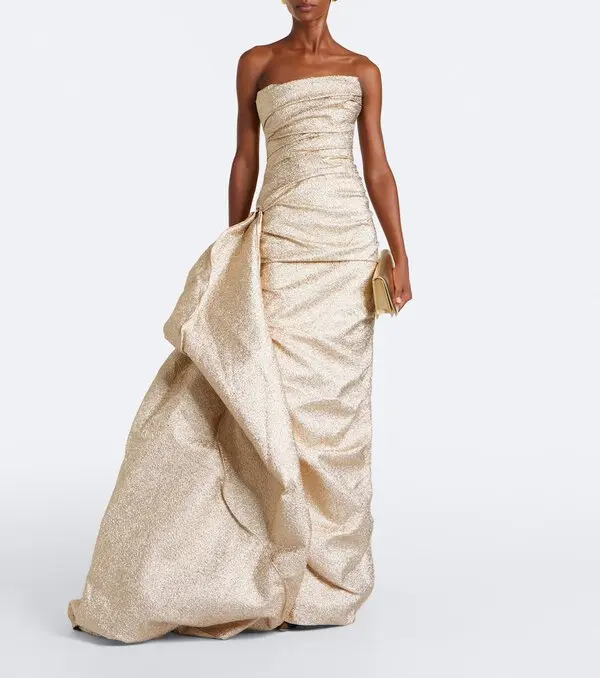 MARMAR HALIM Draped Pleated Brocade Bustier Gown