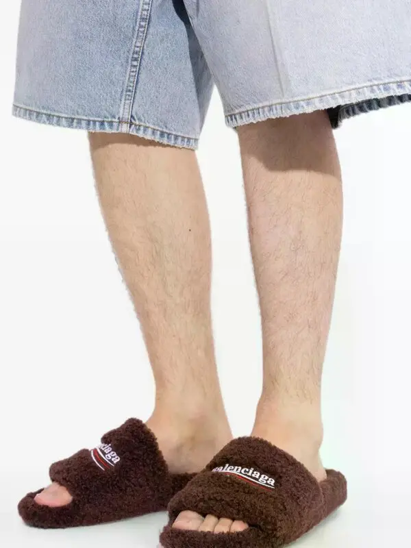 Balenciaga Logo-embroidered Faux-fur Slides - Brown