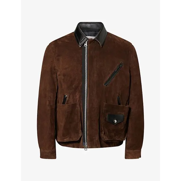 Sacai Contrast-collar Suede Jacket - Brown