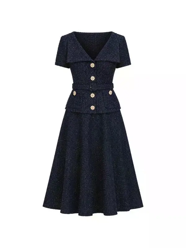 SELF-PORTRAIT Navy Boucle Tailored Midi Dress - Blue