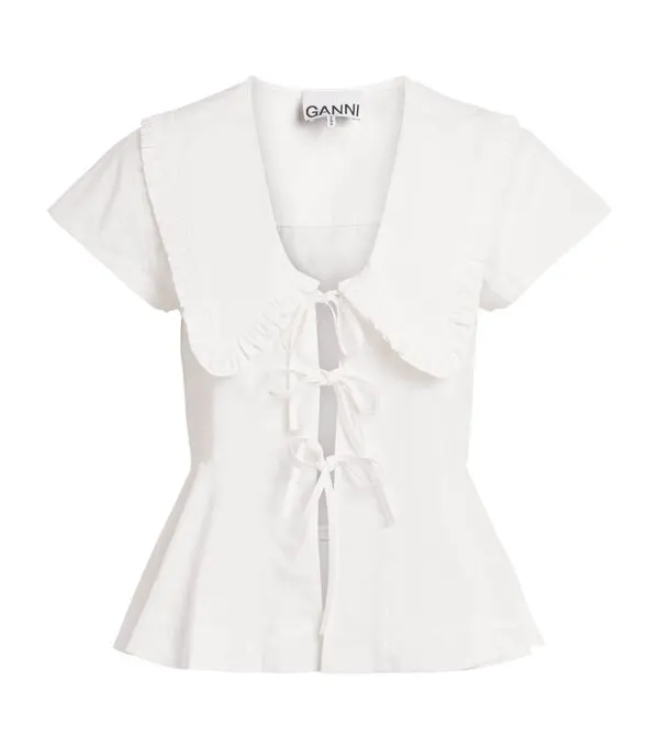 GANNI Cotton Bow-detail Peplum Blouse - White