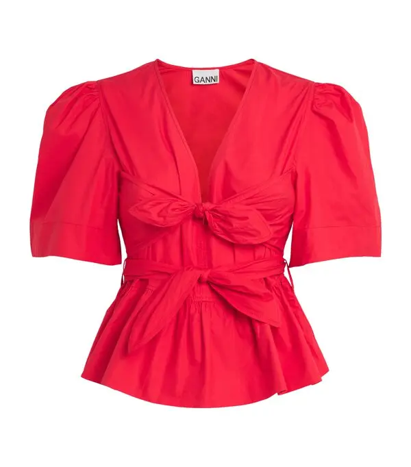 GANNI Cotton Puff Sleeve Bow Detail Blouse - Red