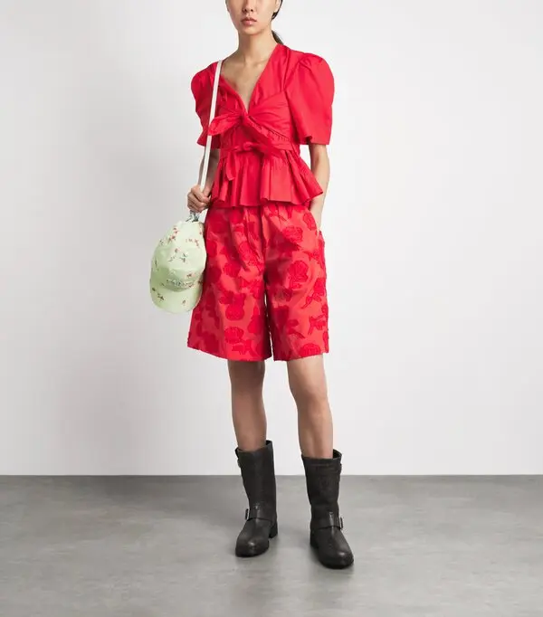 GANNI Cotton Bow Detail Blouse - Red