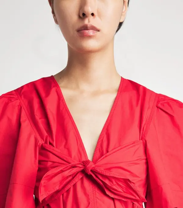 GANNI Cotton Bow Detail Blouse - Red