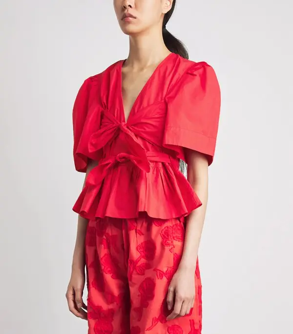 GANNI Cotton Bow Detail Blouse - Red