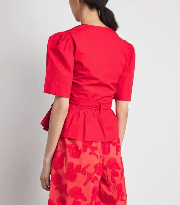 GANNI Cotton Bow Detail Blouse - Red