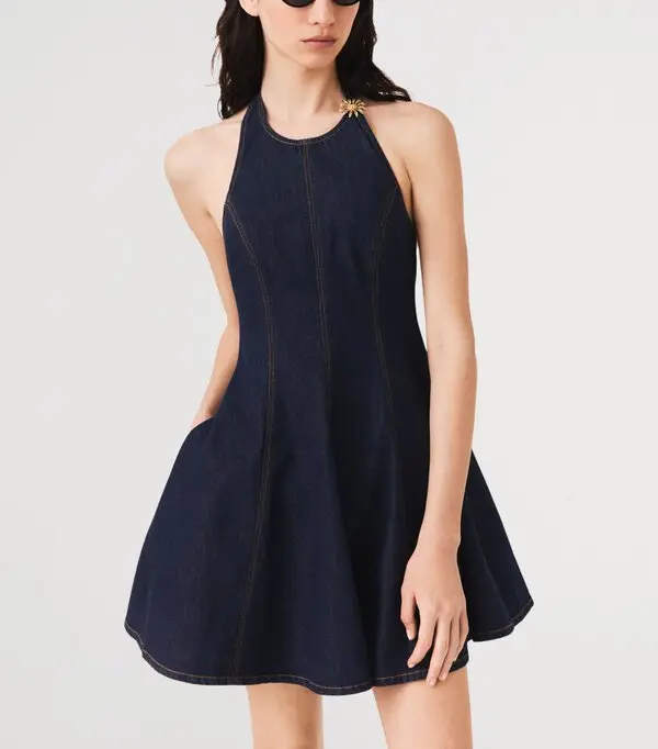 Maje Denim Halterneck Mini Dress With Removable Brooch