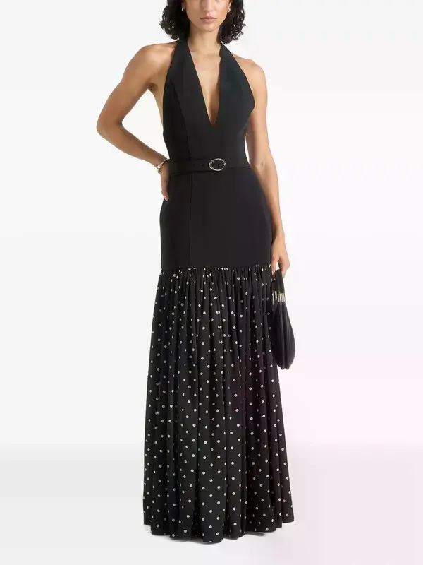 Manière De Voir Deborah In Halter-neck Belted Polka-dot Pleat Maxi Dress - Black