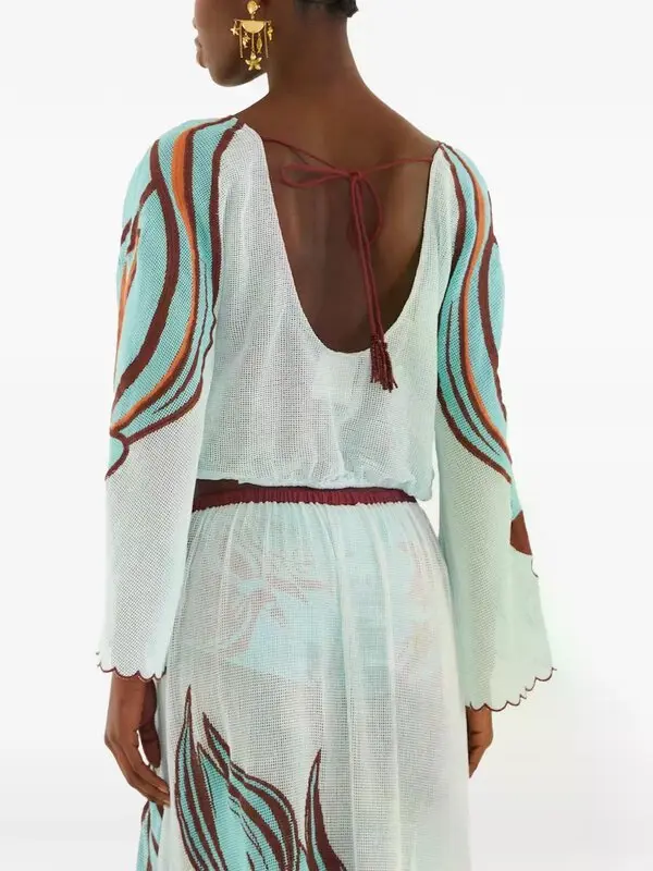 Farm Rio Fish-print Open-knit Blouse