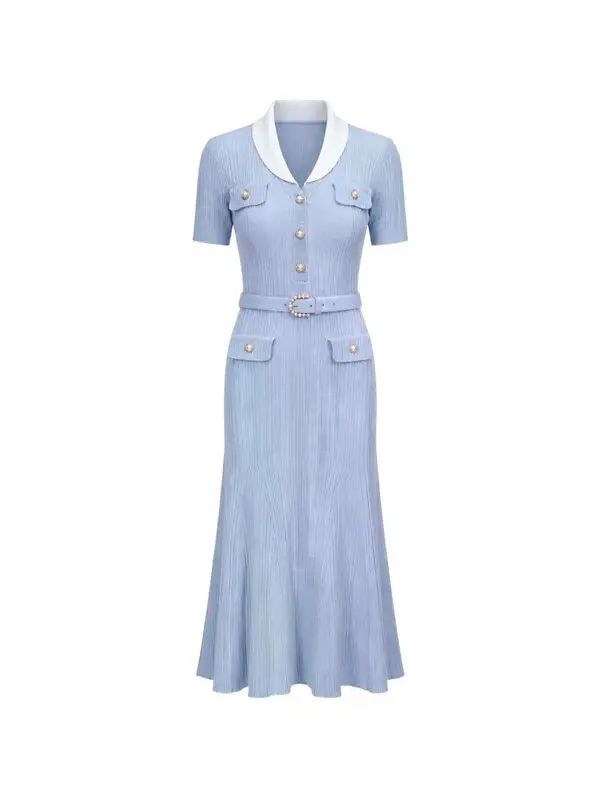 SELF-PORTRAIT Ribbed Knit Midi Dress With Contrast Collar And Pearl Belt
