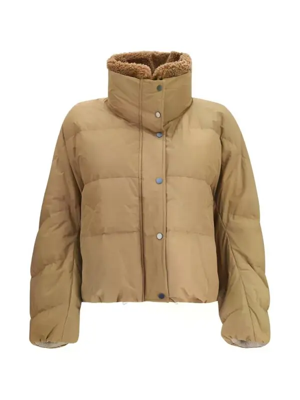 Brunello Cucinelli Techno Cotton Taffeta Down Jacket With Detachable Shearling Insert And Monili - Neutrals