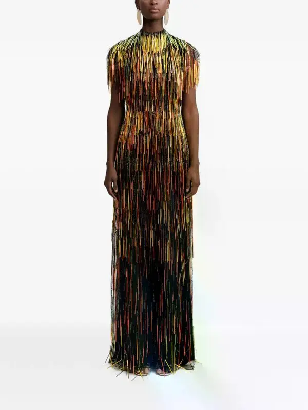 GEMY MAALOUF Beaded Fringe High Neck Sleeveless Floor-length Gown - Black