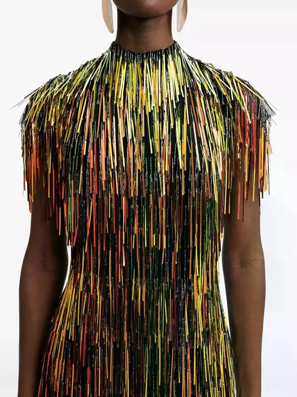 GEMY MAALOUF Beaded Fringe High Neck Sleeveless Floor-length Gown