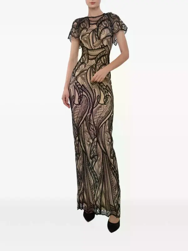 GEMY MAALOUF Black Lace Embroidered Open-back Gown - Neutrals