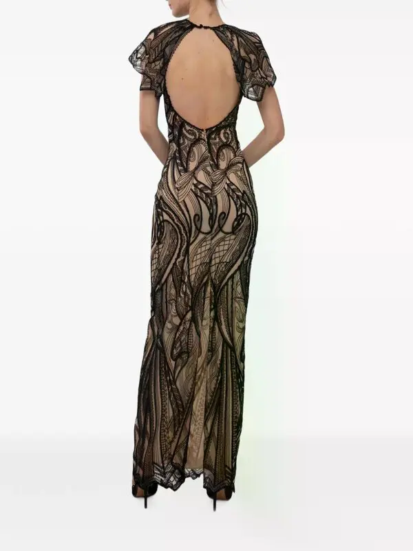 GEMY MAALOUF Black Lace Embroidered Open-back Gown