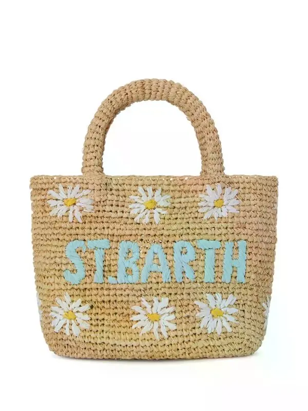 MC2 SAINT BARTH Beach Mini Raffia Bag With Embroidered Daisies - Neutrals