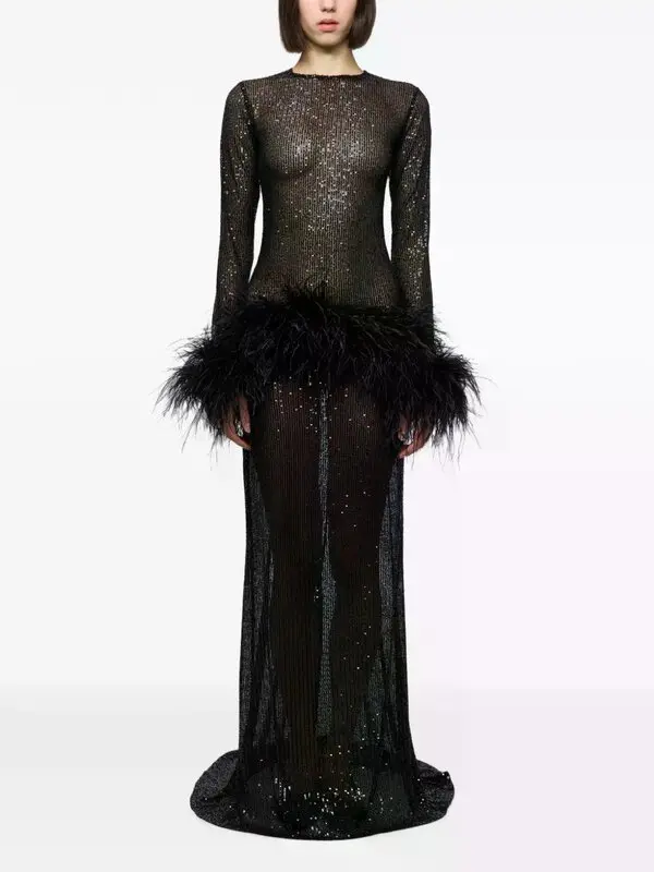 ATU BODY COUTURE Sequin-embellished Feather-trim Maxi Dress - Black