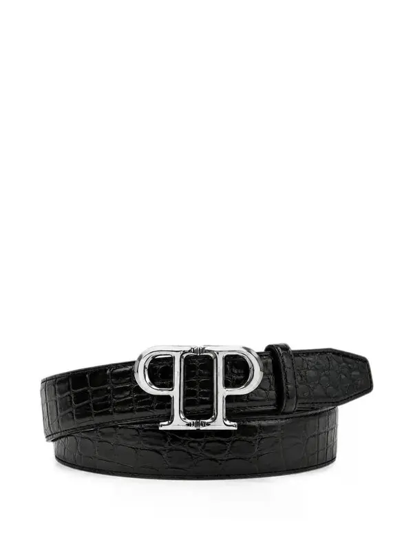 Philipp Plein Leather Belt With Pp Logo Buckle - Black