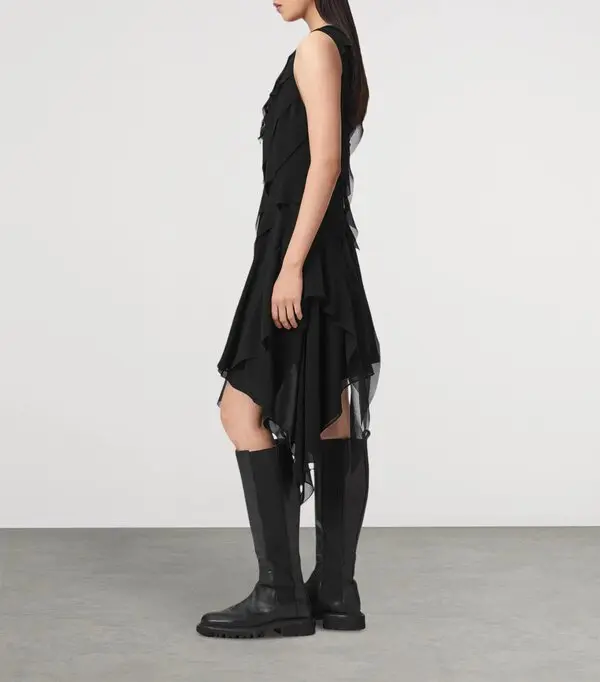 ALLSAINTS Ruffled Asymmetric Midi Dress - Black