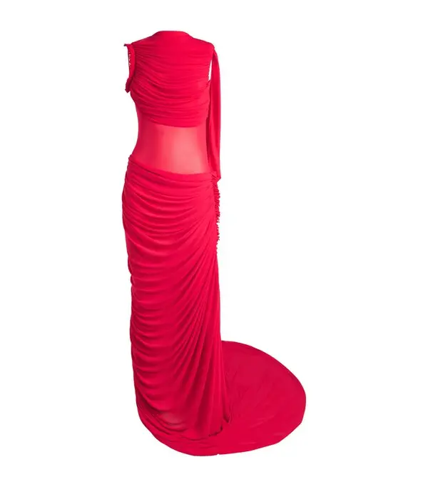 ZIYAD BUAINAIN Ruched Mesh Gown - Red