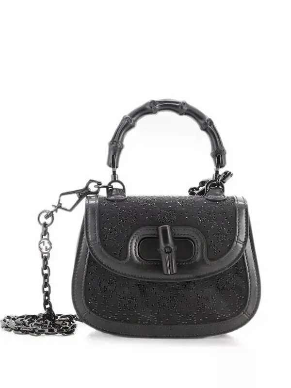 Gucci Bamboo 1947 Top Handle Bag Crystal Embellished Gg Canvas Mini Shoulder Bag - Black