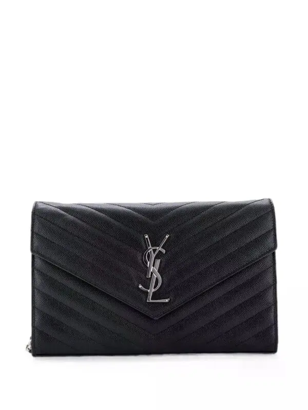 Saint Laurent Classic Monogram Wallet On Chain Matelasse Chevron Leather Medium Crossbody Bag - Black