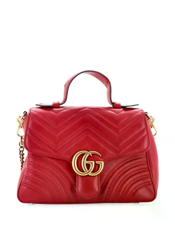 Gucci Gg Marmont Top Handle Flap Bag Matelasse Leather Small Satchel - Red