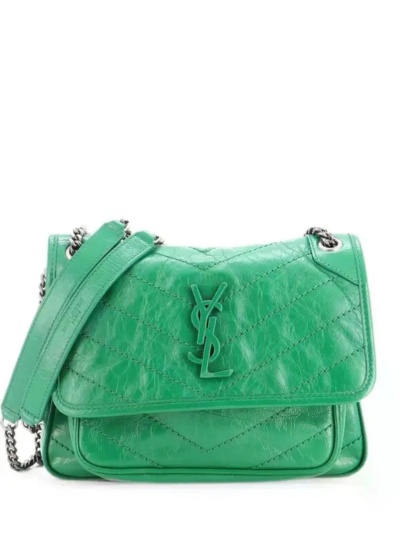 Saint Laurent Niki Chain Flap Bag Matelasse Chevron Leather Baby Shoulder Bag - Green