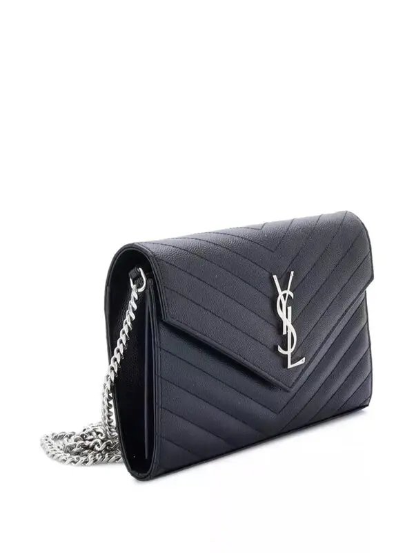 Saint Laurent Classic Monogram Wallet On Chain Matelasse Chevron Leather Medium Crossbody Bag - Black